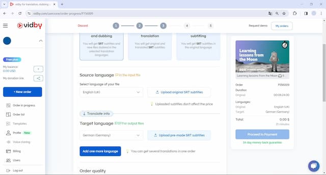 Select the desired quality of video translation: Full AI, Hybrid ...